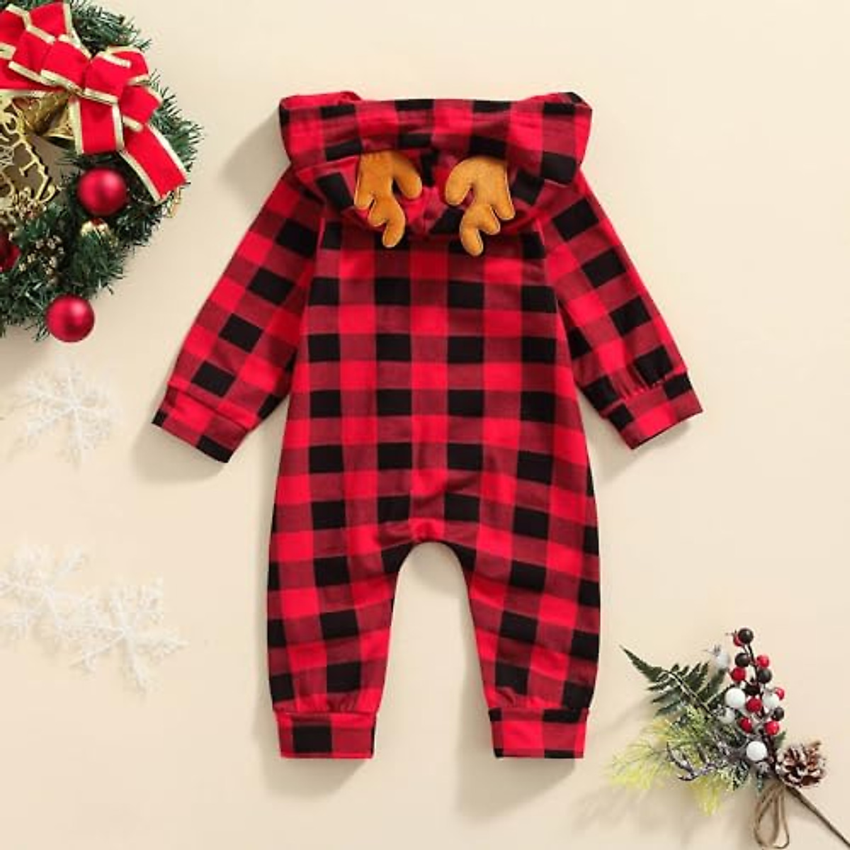 LIOMENGZI Christmas Baby Girl Boy Romper Clothes Red Plaid Checked Hooded Bodysuit Jumpsuit Xmas Toddler Baby Xmas 1st Outfit (Red, 6-12 Months)
