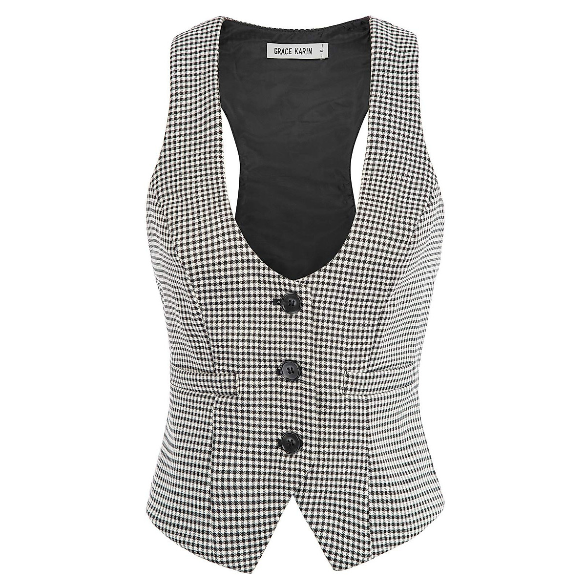 GRACE KARIN Women's Outerwear Vests Fully Lined Blazer Dressy Vest Coat for Work(S, Black-White Plaid)