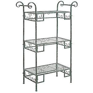 SAFAVIEH Outdoor Collection Noreen Victorian Scroll Antique Dark Green Wrought Iron 3-Tier Shelf
