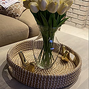 Natural Seagrass Woven Basket Round Serving Tray with Handles Coffee Table Tray Hand Woven Storage Basket for Fruit, Tea, Bread, Breakfast, Drinks, Snack Woven Tray (White Round Tray)