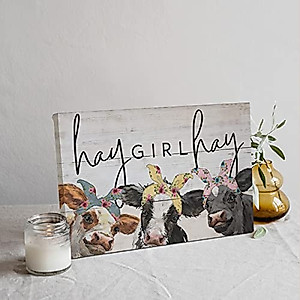 Funny Quote Cute Cows Canvas Wall Art Prints,Hay Girl Hay Wood Texture Paintings Prints,11x14 inches Artwork for Funny Farm Themed Decor Girl Room Farmhouse Bedroom Living Room Home