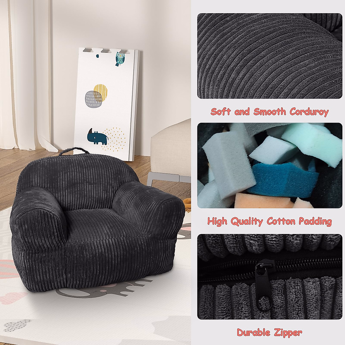 Louis Donné Bean Bag Sofa Chair, Ultra-Soft Foam Filling Arm Chair, Reading Couch for Kids, Teens and Adults, Lazy Sofa for Living Room, Bedroom - Black