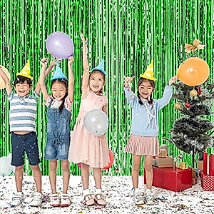 CHRORINE 2pcs 3ft x 8.3ft Green Tinsel Foil Fringe Curtains Streamers Backdrop for Green Birthday Jungle Safari Tropical Party Christmas Decorations