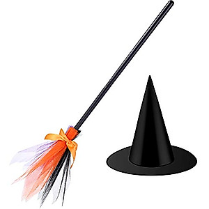 Halloween Witch Costume Accessory Plastic Witch Broom Kids Black Witch Hat Wizard Flying Broom Photography Prop Toy Wizard Cosplay for Halloween Dress Up Costume Party (Mix Color)