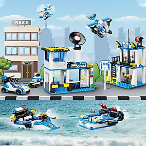 Hodlvant City Police Station Building Sets, Police Station Mobile Command Center Building Blocks Kit with Artillery car & Cop Patrol Car & Helicopter Toy, STEM Toys Set for Boys Girls Aged 6 7 8 9 +