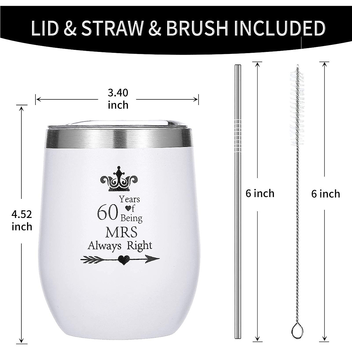 HLIKEM Pack Of 2 Wine Tumbler 60 Years Mr Right Mrs Always Right 60th Wedding Engagement Anniversary Cups for Couple Parents Stainless Steel Wine Glass with Straws and Brush