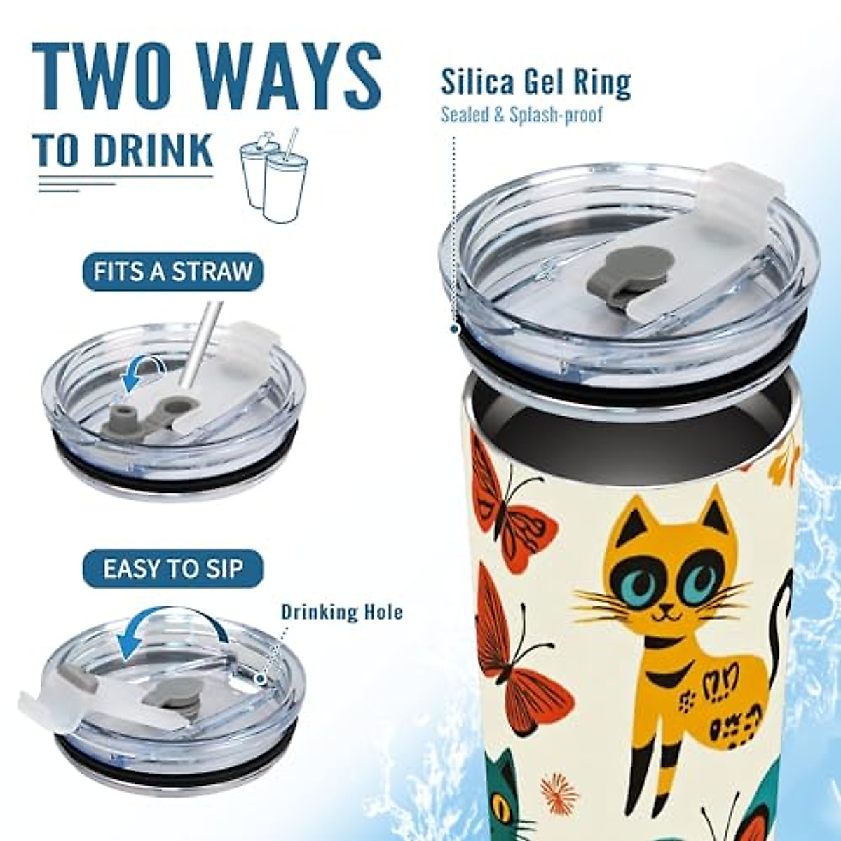 QWEUIOP 20oz Insulated Travel Coffee Mug Cute Cartoon Cats Stainless Steel Tumbler with Lid Double Wall Vacuum Coffee Cup For Hot and Cold Drinks14079