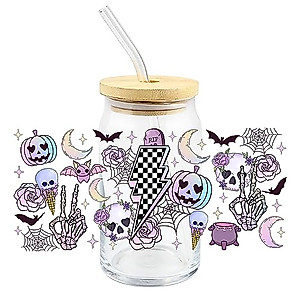 10 Sheets Halloween UV DTF Transfer Sticker 3D Cups Wraps Stickers for 16oz Libbey Glass Mug Waterproof Rub on Transfers Decal for Crafts