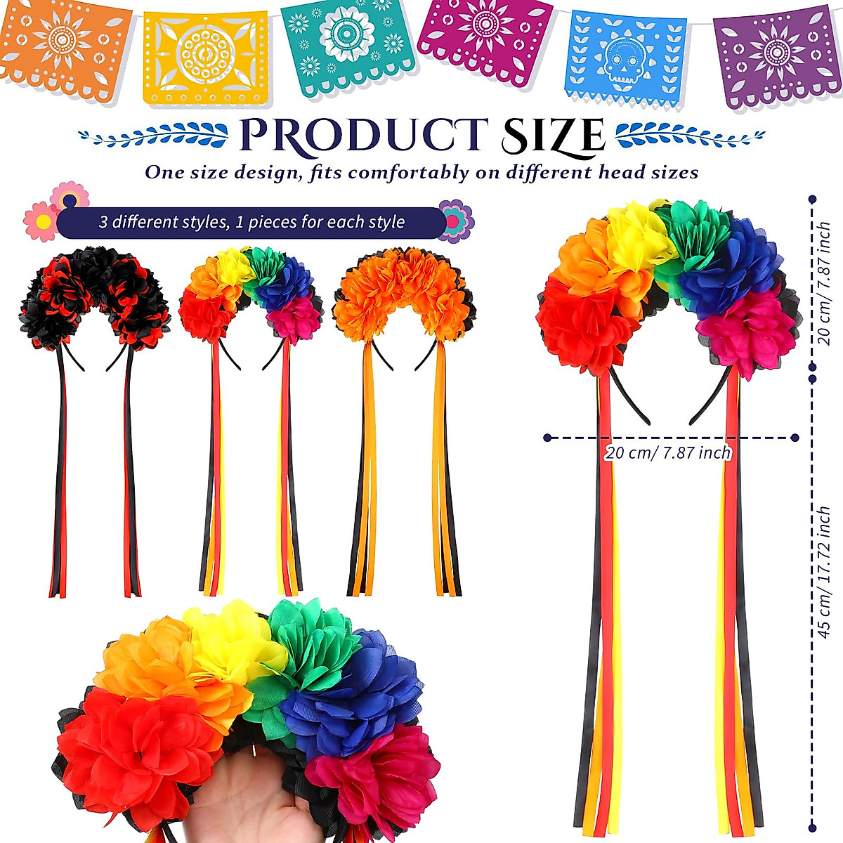 Riceshoot 3 Pcs Halloween Flower Headband Day of the Dead Floral Headband Mexican Flower Crown Headband Halloween Festival Wedding Headband for Women Girls Halloween Masquerade Bridal Party Dress up