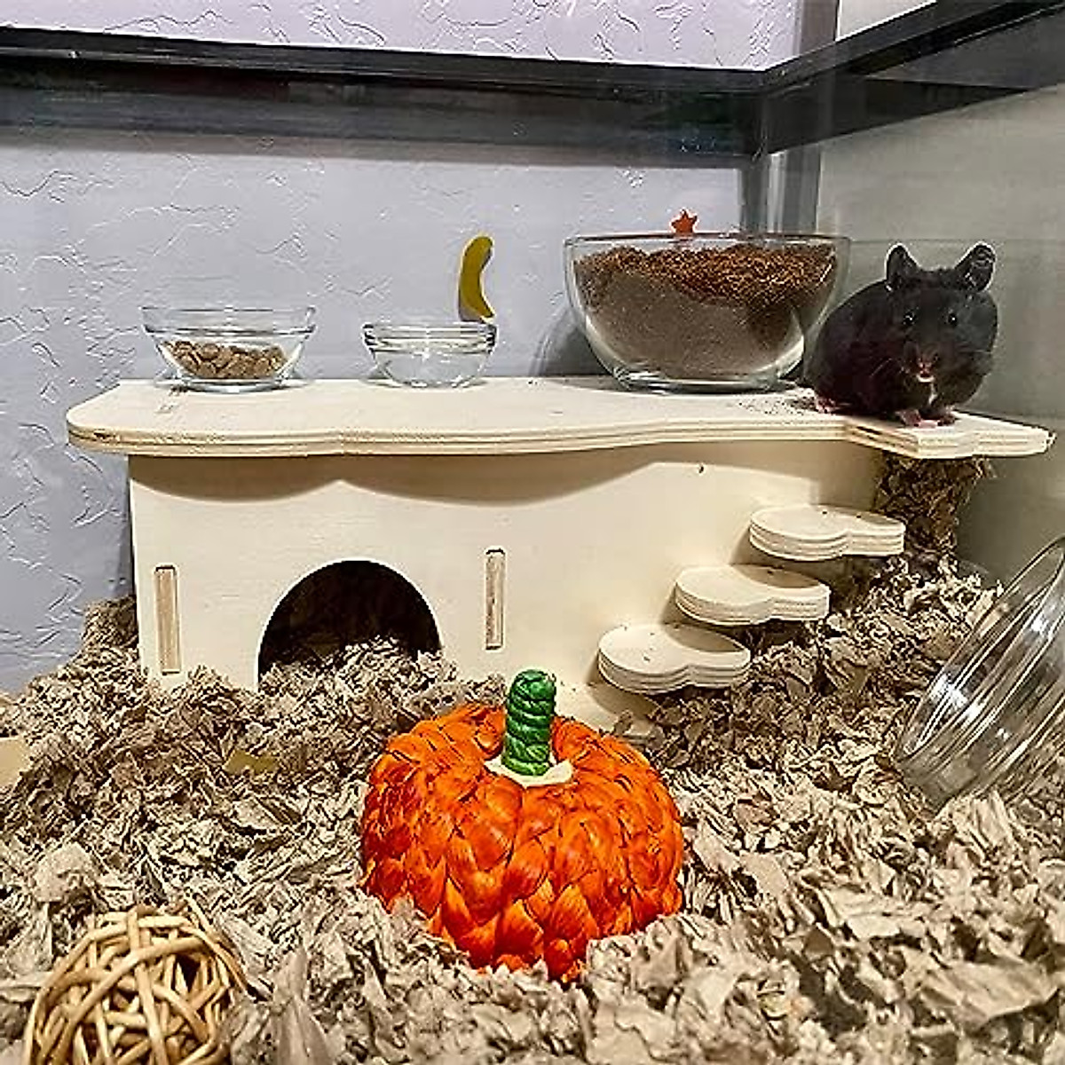 MUYG Wood Hamster House,Natural Wooden Chinchilla Hut with Steps Window Multi-Chamber Small Animal Hideout Maze Habitat Decor for Dwarf Mice,Rats,Syrian Mouse, Gerbils, Chinchilla (L)