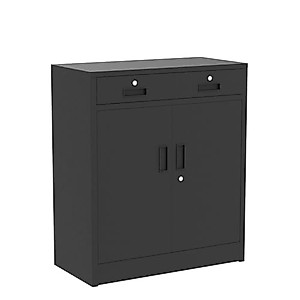 CJF Metal Storage Cabinet with 2 Doors and 2 Locking Drawers, Storage Cabinets for Office/Home/Garage 36.2" H x 31.5" W x 15.7" D (Black)