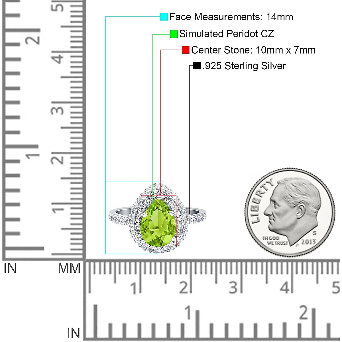 Blue Apple Co. Simulated Peridot Cubic Zirconia Size-7 Teardrop Pear Art Deco Vintage Engagement Wedding Bridal Ring Round Simulated CZ 925 Sterling Silver