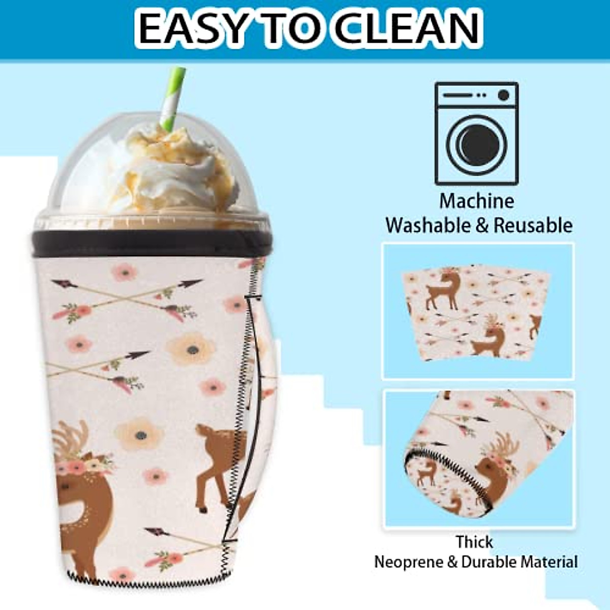 Reusable Iced Coffee Sleeve Deer Animal Insulator Sleeves for Cold Drink Beverages Elk Arrow Iced Coffee Sleeve with Handle Neoprene Cup Holder for Coffee, Tea, Soda, Latte(32 oz)