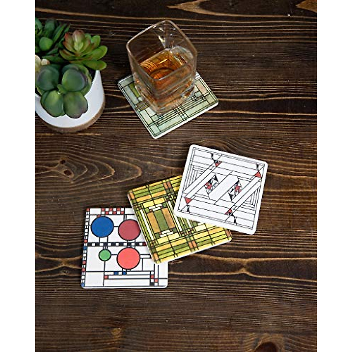 CoasterStone Absorbent Stone Coasters, Frank Lloyd Wright, Art Glass Designs, Multi-Colored