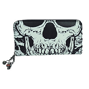 Lost Queen Gothic Death Skull Face Glow in the Dark Zip Around Wallet, Black, Large