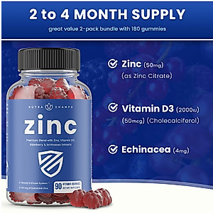 Zinc Gummies | 4-in-1 Zinc Gummies Adult | Zinc Chewable 50mg | Chewable Zinc Supplement Gummies with Vitamin D3 2000 IU, Elderberry & Echinacea | Immune, Heart & Brain Support | 180 Count (2 Pack)