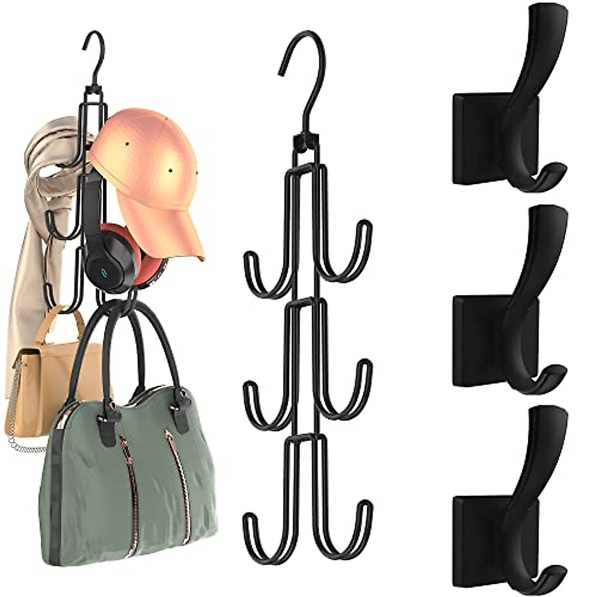 TOFIIGREM Black Coat Hooks 6-Pack + Rotatable Purse Handbag Hangers 2-Pack
