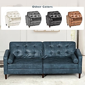 Lesofair 80" Faux Leather 2-seat Sofa with 2 Bolster Pillows, Tufted Loveseat with Wooden Legs, Modern Couch Suitable for Living Room, Office, Blue