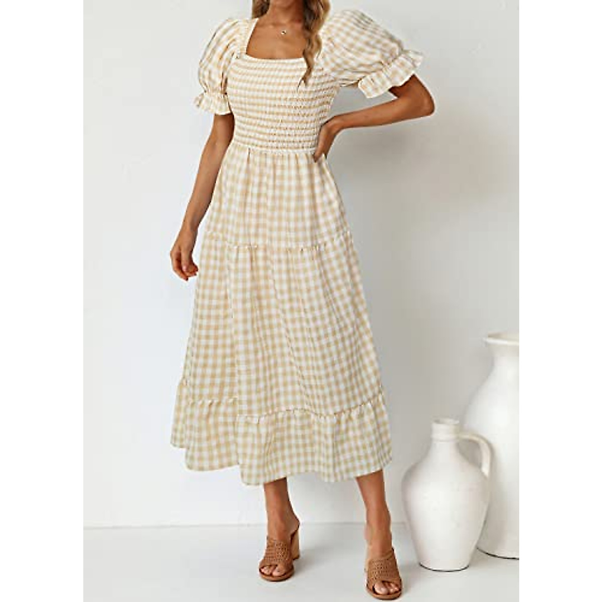 MEROKEETY Women's Plaid Square Neck Ruffle Puff Sleeve Midi Dress Summer Boho Backless Smocked Dress, Beige, Medium