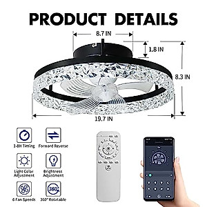 Tivleed Low Profile Ceiling Fan with Lights, 20" Semi Flush LED Fans Light, Remote & Smart APP Control, 360° Rotatable, Modern Crystal, 3 Color Dimmable, 6 Speeds, for Bedroom Living Room, Black