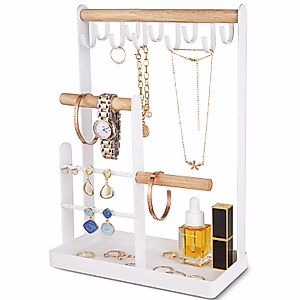 ProCase Jewelry Organizer Stand Necklace Holder, 4-Tier Jewelry Tower Rack with Earring Tray and Holes, 10 Hooks Necklaces Hanging Storage Tree Display for Bracelets Watches Earrings Rings -White