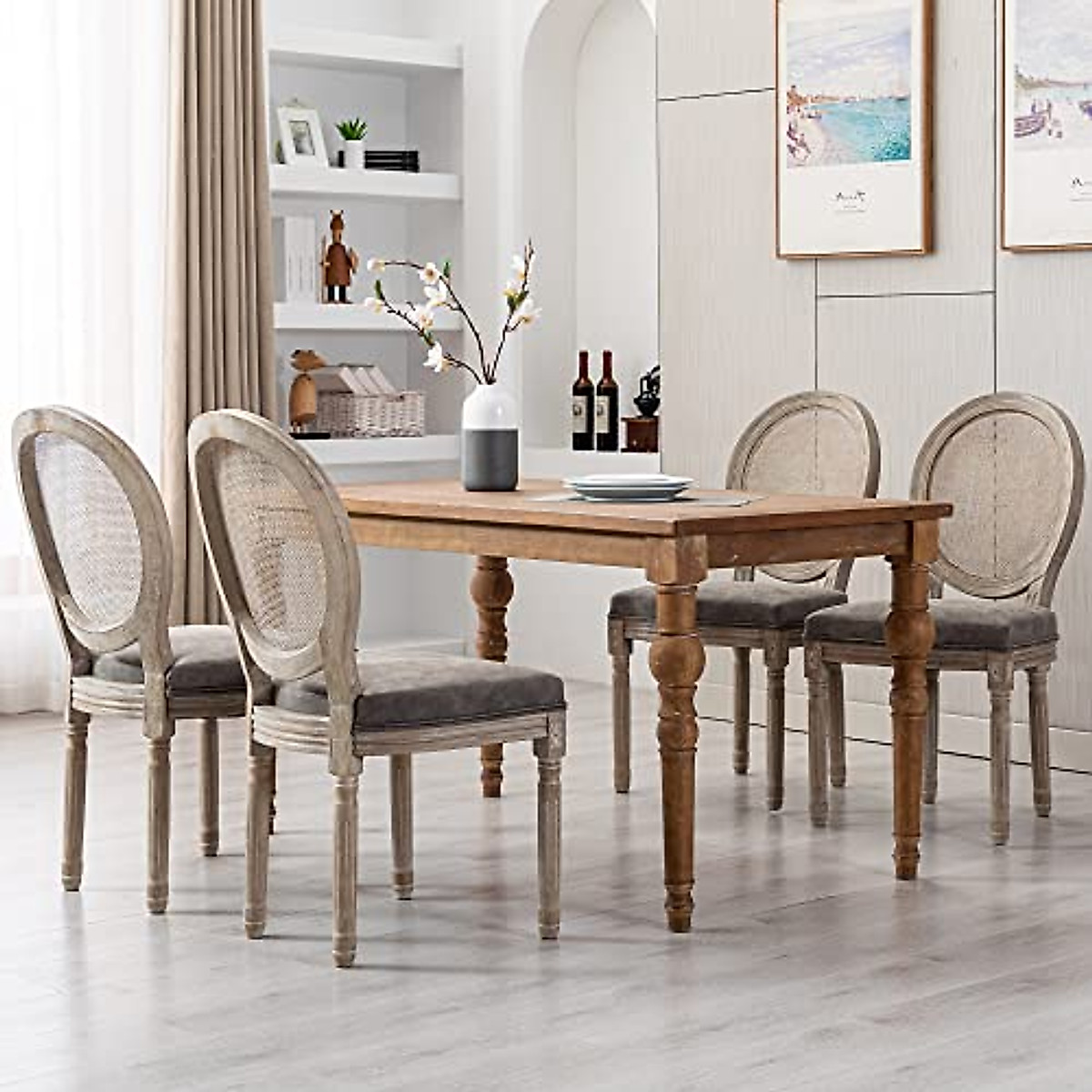 DM Furniture Farmhouse Leather Dining Room Chairs Set of 4 French Dining Chairs with Round Rattan Back French Bistro Chairs for Dining Room/Living Room/Kitchen/Restaurant, Black