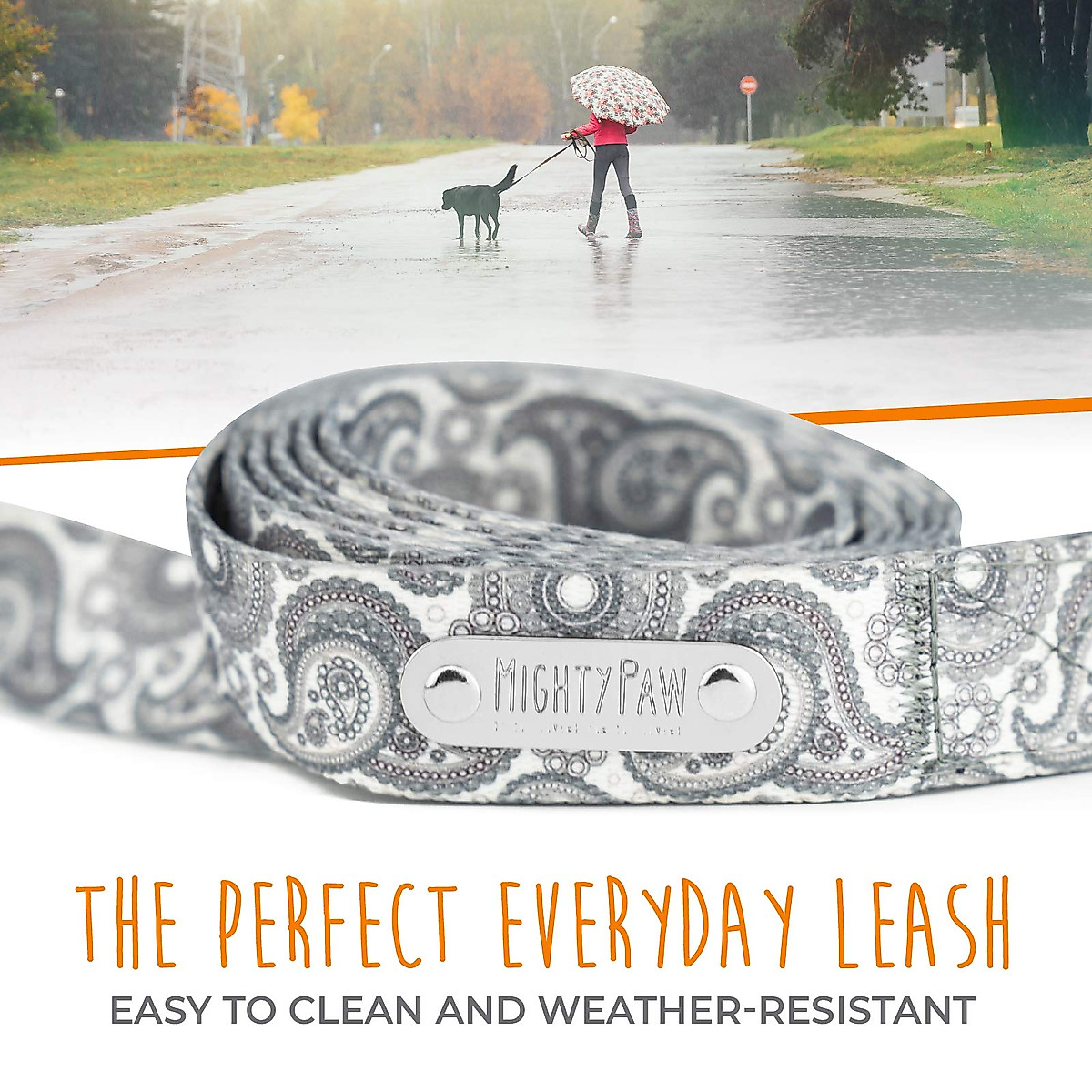 Mighty Paw Grey Paisley Designer Dog Leash - Soft Premium Polyester With Neoprene Padded Handle For Ultimate Comfort - All Metal Hardware For Most Playful Dogs - Built To Last - Perfect Everyday Leash