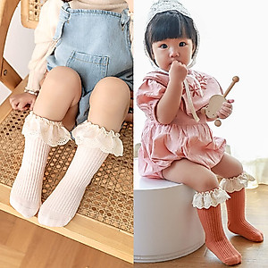 HOUSEYUAN Infant Frilly Baby Girls Knee High Socks White Newborn Thigh Lace Ruffle Long Socks Toddler Tights Stockings 4 Pairs 0-12 Months