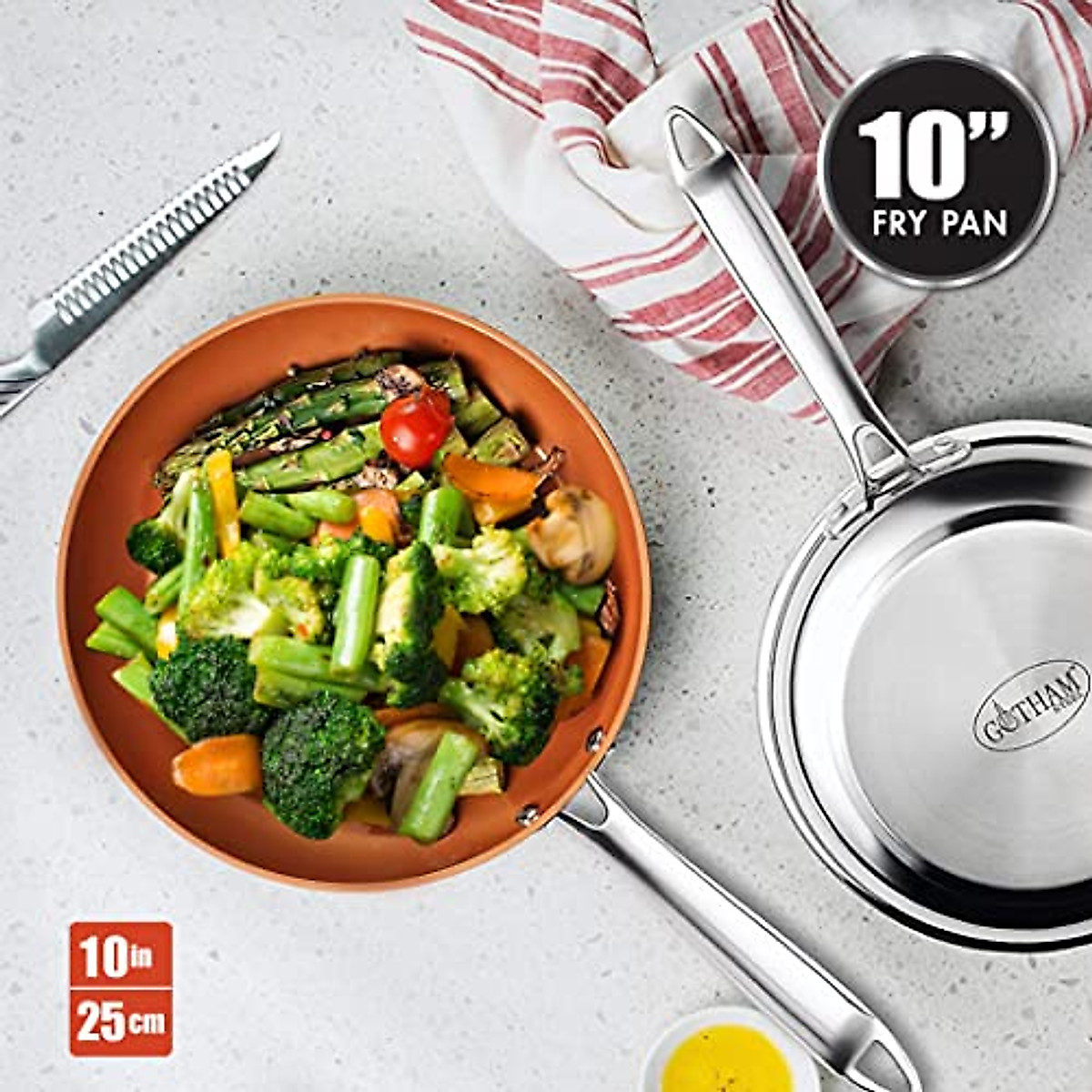 Gotham Steel Stainless Steel Premium 10” Frying Pan, Triple Ply Reinforced with Super Nonstick Ti- Cerama Copper Coating and Induction Capable Encapsulated Bottom – Dishwasher Safe