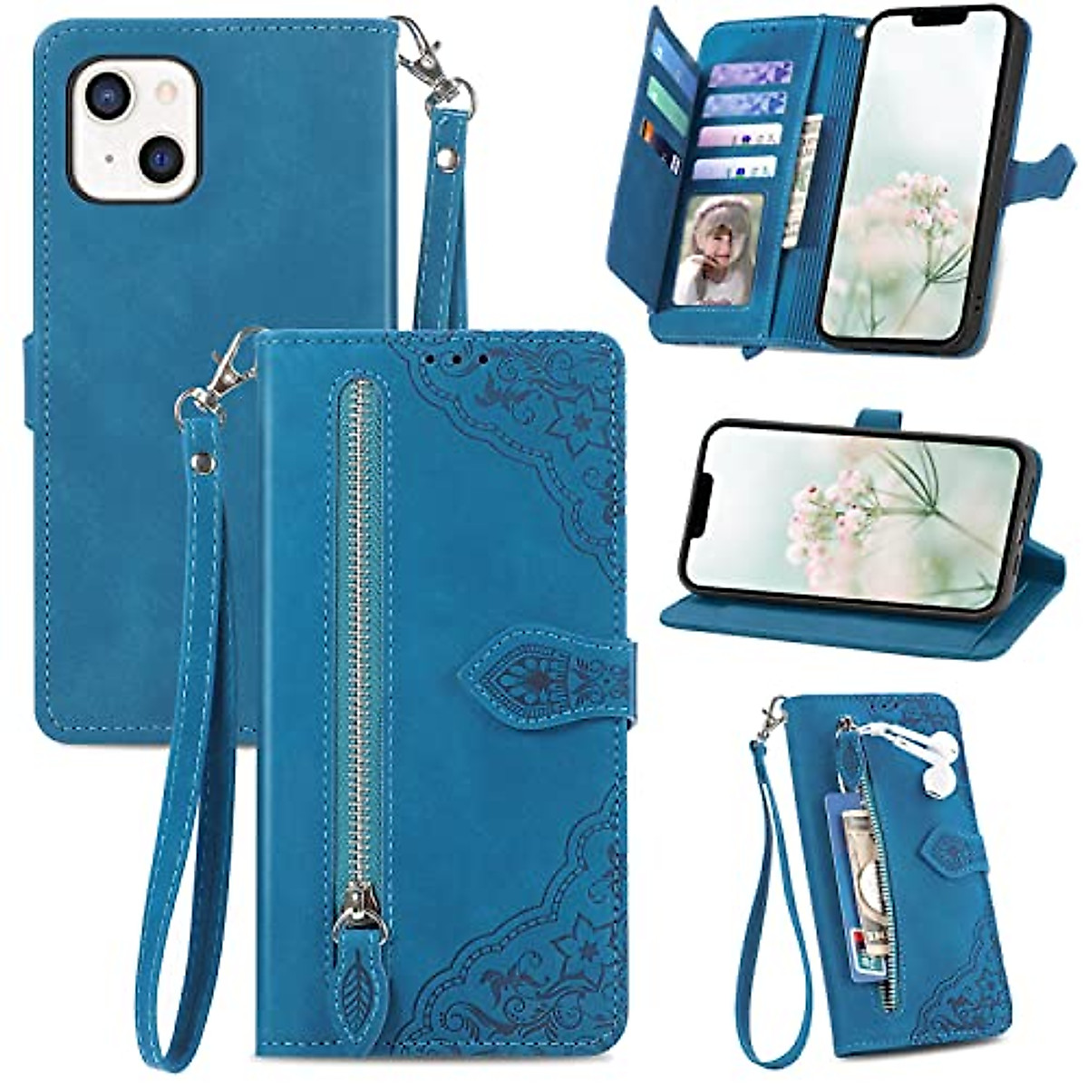 KRHGEIK for iPhone 13 Case for Women,Cute Wallet Case with Zipper Pocket Purse Flower Embossed PU Leather Card Slots Strap Wrist Strap Flip Folio Protective Phone Cover for iPhone 13 (Blue)