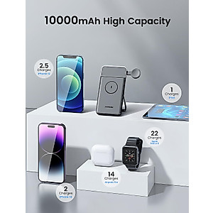 Marnana Magnetic Wireless Power Bank with Apple Watch Charger, 10000mAh Fast Charging Portable Charger Battery Pack w/Foldable Stand for MagSafe iPhone 12/13/14/15 Series & Apple Watch - Black