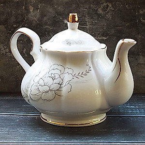 Jomop Ceramic Tea pot Floral Design White 855ml About 4 Cups (Gold)