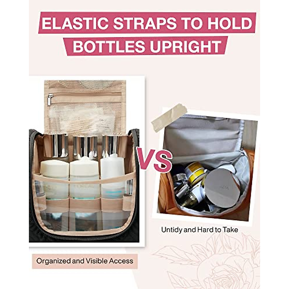 BAGSMART Toiletry Bag for Men, Travel Cosmetic Makeup Bag with Hanging Hook, Water-resistant Dopp kit Shaving Bag for Full Sized Container, Toiletries, Shampoo, Black-Medium