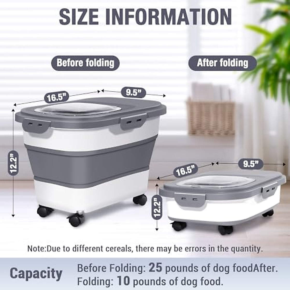 Muibe Dog Food Storage Container 20-23 LBS, Dog Food Storage,Pet Food storage Containers, Collapsible Airtight Dog Food Containers with Clear Lid, Measuring Cups
