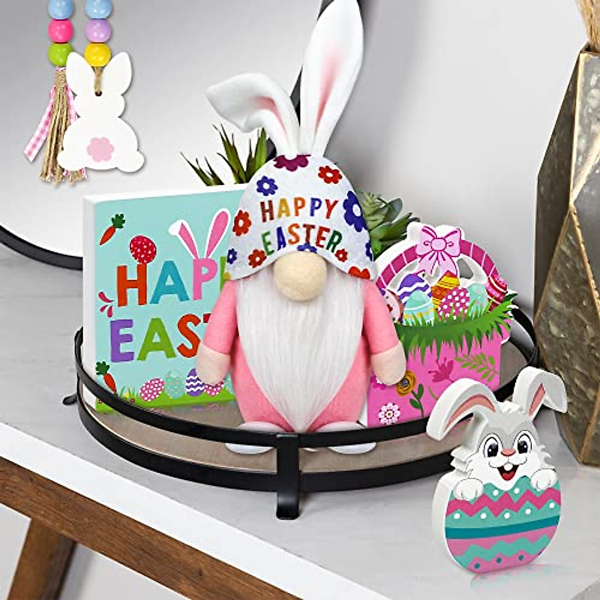 5 PCS Easter Gnome Tiered Tray Decor (Tray Not Included) - Gnomes Plush, Happy Easter Egg Mini Wood Sign, Wooden Bunny Bead Garland - Spring Easter Gift, Easter Day Party Decor for Home Kitchen