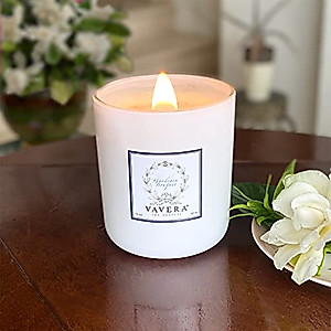 VAVERA Luxury Gardenia Bouquet Long Burning Wood Wick Natural Soy Luxury Candles (14oz Matt White Jar) transforms Any Space. Hand-Made in The USA. Fresh Gardenia is The Elegant Addition to Your Home.