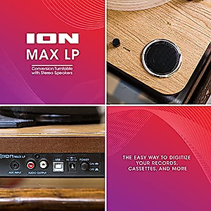 ION Audio Max LP – Vinyl Record Player / Turntable with Built In Speakers, USB Output for Conversion and Three Playback Speeds – Natural Wood Finish