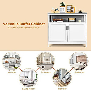 Giantex Kitchen Buffet Sideboard, Wooden Storage Server Cupboard Cabinet, Dining Room Living Room Bar Furniture 2-Door Console Table w/ 5-Position Adjustable Shelf & Open Shelf Drawer Cabinets (White)