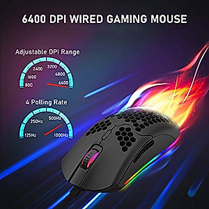 Wired Lightweight Gaming Mouse,6 RGB Backlit Mouse with 7 Buttons Programmable Driver,6400DPI Computer Mouse,Ultralight Honeycomb Shell Ultraweave Cable Compatible with PC Gamers,Xbox,PS4 (black)