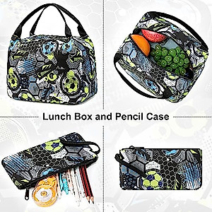 CAMTOP School Backpack Kids Boys Soccer Bookbag Set Student Backpack with Lunch Box and Pencil Case (Football,Graffiti Print)