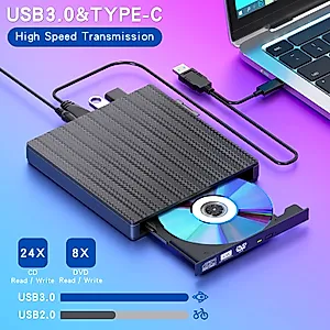 aelrsoch External CD/DVD Drive for Laptop DVD Driv with SD Card Slots Reader and 4 USB Ports, USB 3.0 Type-C CD/DVD Burner External Disk Drive Optical Compatible with Laptop Mac PC Windows 11/10/8/7