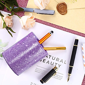 PU Glitter Pen Holder Pencil Cup Shiny for Women Girls, Luxury Makeup Brush Holder Pu Leather Organizer Cup Gift for Desk Office Classroom Home (Purple)