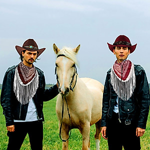 Cowboy Hat with Fringed Bandana Set for Women Wide Brim Western Cowgirl Hat Paisley Head Wrap Scarf (Coffee)