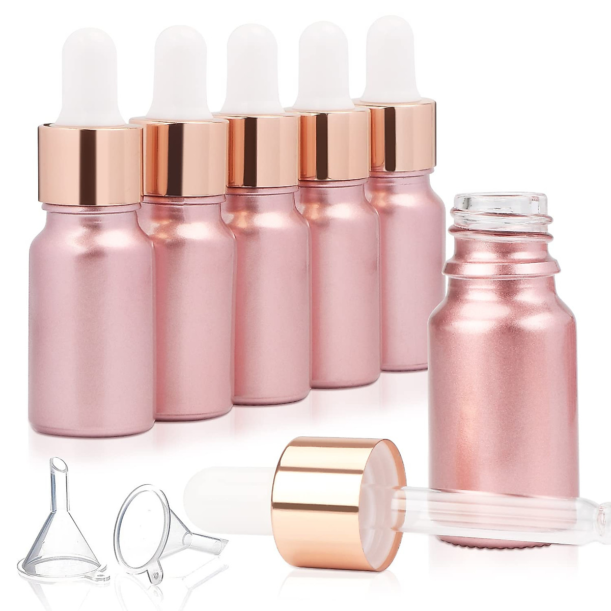 6 Pcs,10ml Coated Pink Glass Essential Oil Dropper Bottle,Empty Thick Glass Perfume Diffuser Vials With Glass Pipette&Rose-Gold Lid Travel Liquid Holder,Ray Protection Container-FREE 2 Funnel