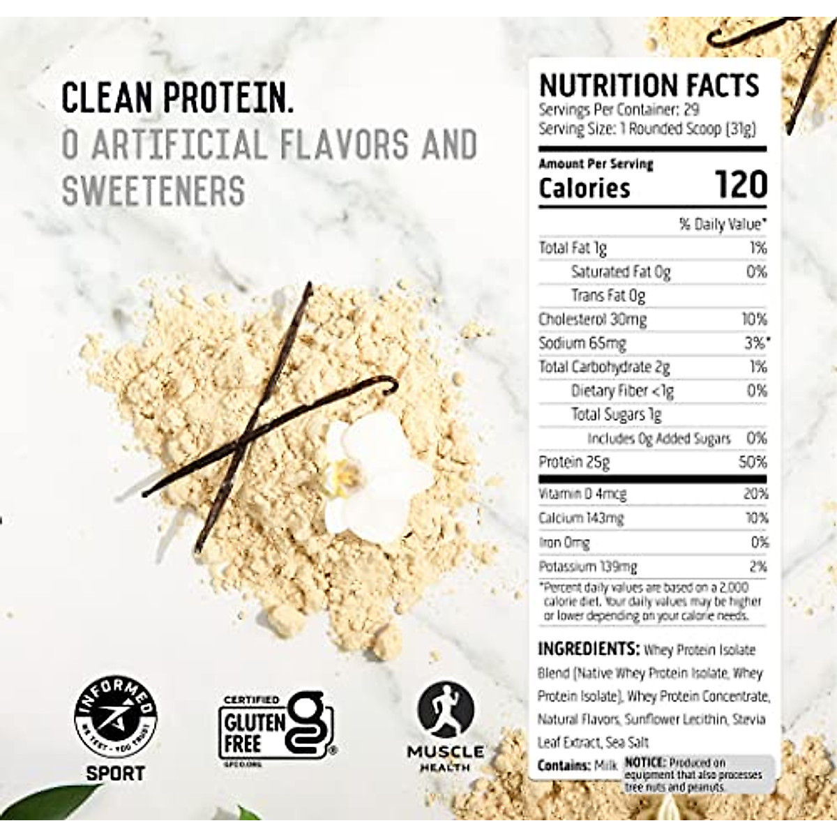 Ascent 100% Whey Protein Powder - Post Workout Whey Protein Isolate, Zero Artificial Flavors & Sweeteners, Soy & Gluten Free, 5.5g BCAA, 2.6g Leucine, Essential Amino Acids, Vanilla Bean 2 lb