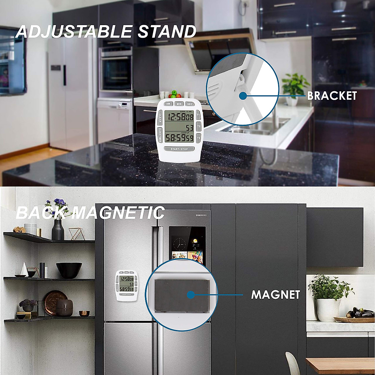 HonorMeet Digital Kitchen Triple Timer,Count-Down & Count-up Tracking,Loud Buzzer Reminder,Battery Replaceable for Baking Cooking BBQ Gym Exam Meeting Personal Care. (White)