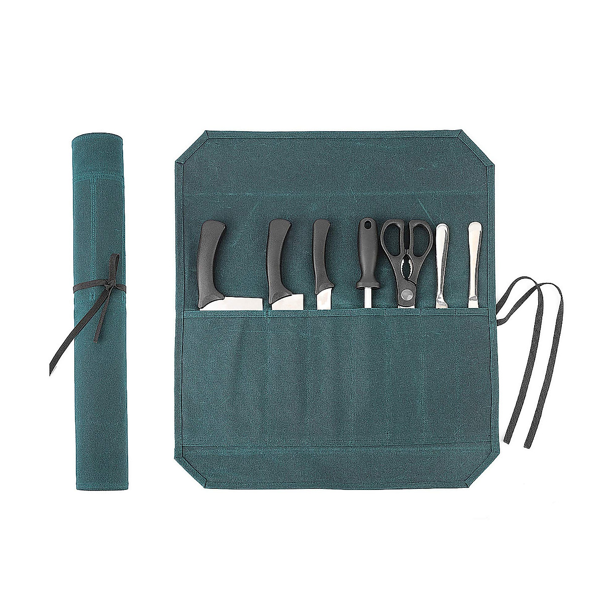 Denifiter Heavy Duty Waxed Canvas Chef Knife Storage Roll Bag With 7 Slots, Waterproof And Durable (Dark Green)