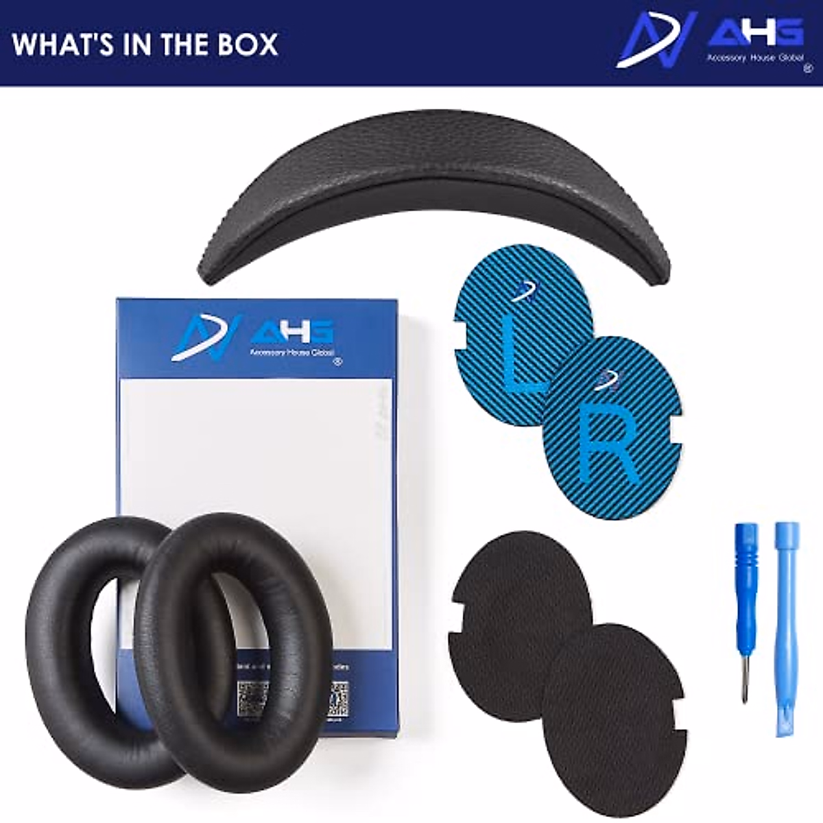 AHG Replacement QC15 Ear Pads & QC15 Headband Pad Compatible with Bose QuietComfort 15 (QC15) & QuietComfort 2 (QC2) Headphones - Soft, Great Comfort + Durability, Protein Leather (Black)