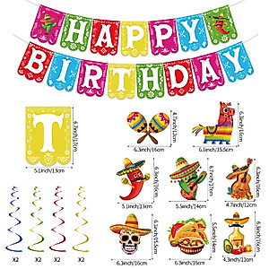 Lemicin 9PCS Mexican Fiesta Party Decorations - 1 PCS Happy Birthday Banner and 8 PCS Cinco de Mayo Mexican Hanging Swirl Party Supplies Mexican Themed Taco Birthday Party for Birthday, Festival