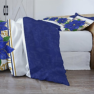 Blue Poinsettia Christmas Duvet Cover Queen Size, Xmas Botanical Floral Comforter Cover with Zipper Closure, 3 Piece Bedding Sets 1 Duvet Cover 90x92 Inches and 2 Pillow Shams